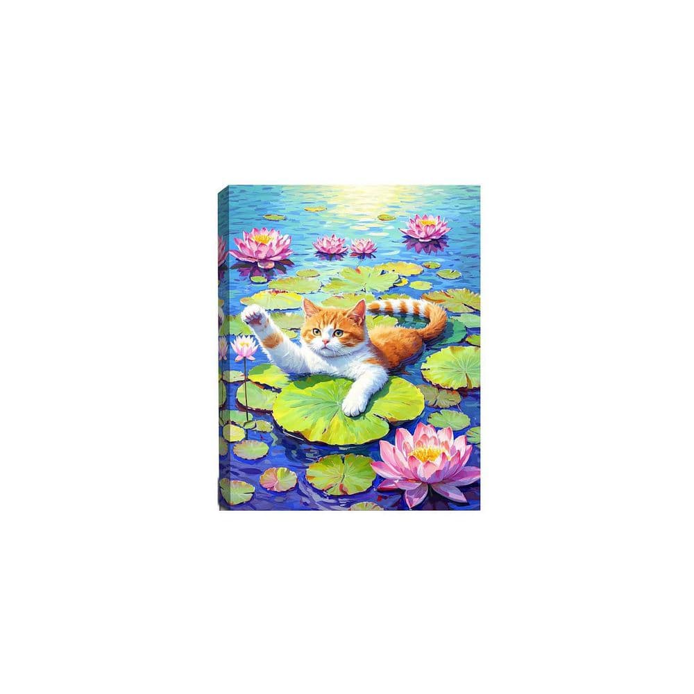 Framed Cat & Lotus Floral Bathroom Wall Art 12x16 Inch Animal Canvas ...