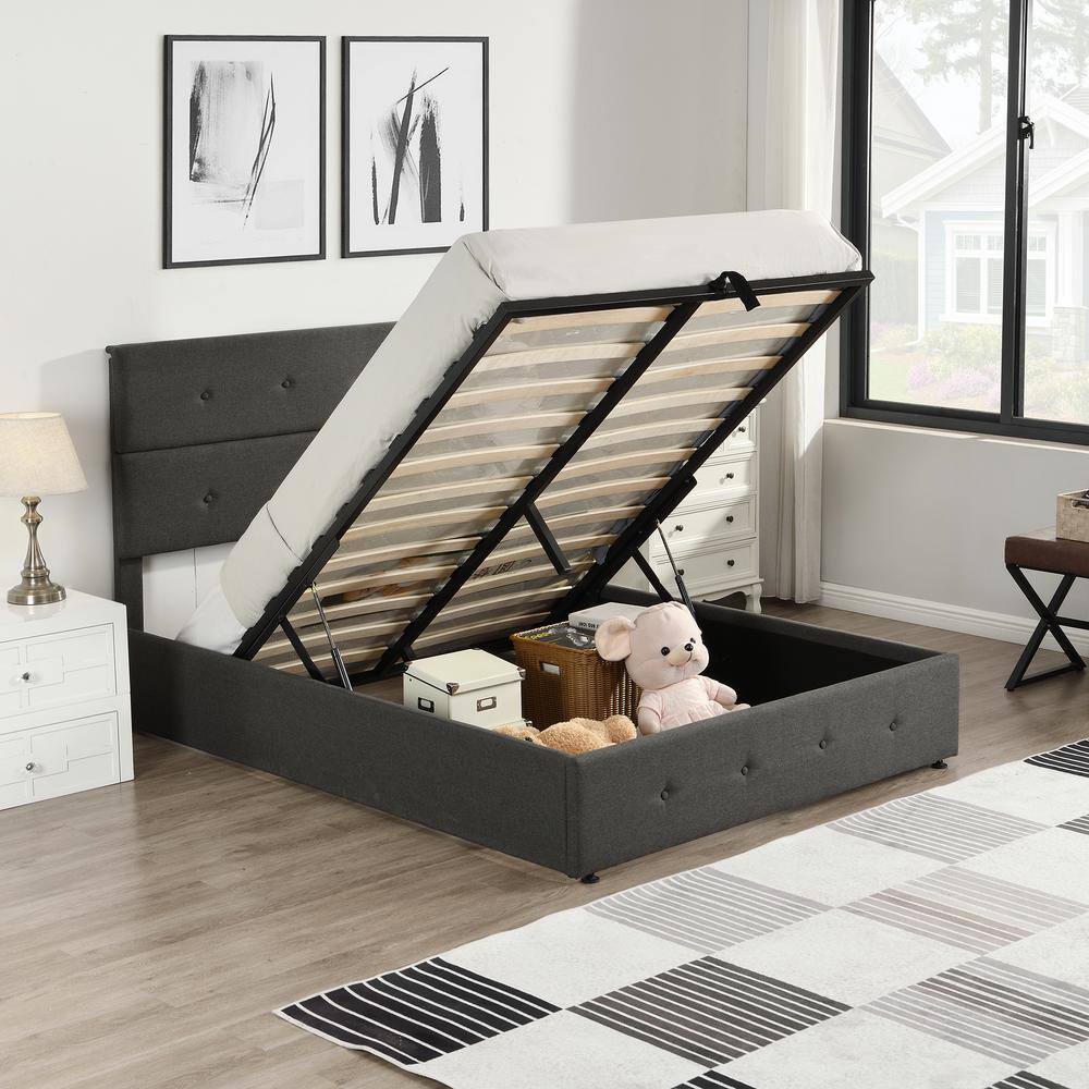 Polibi Gray Wood Frame Full Size Upholstered Platform Bed with Underneath Storage HARI 010AAE The Home Depot