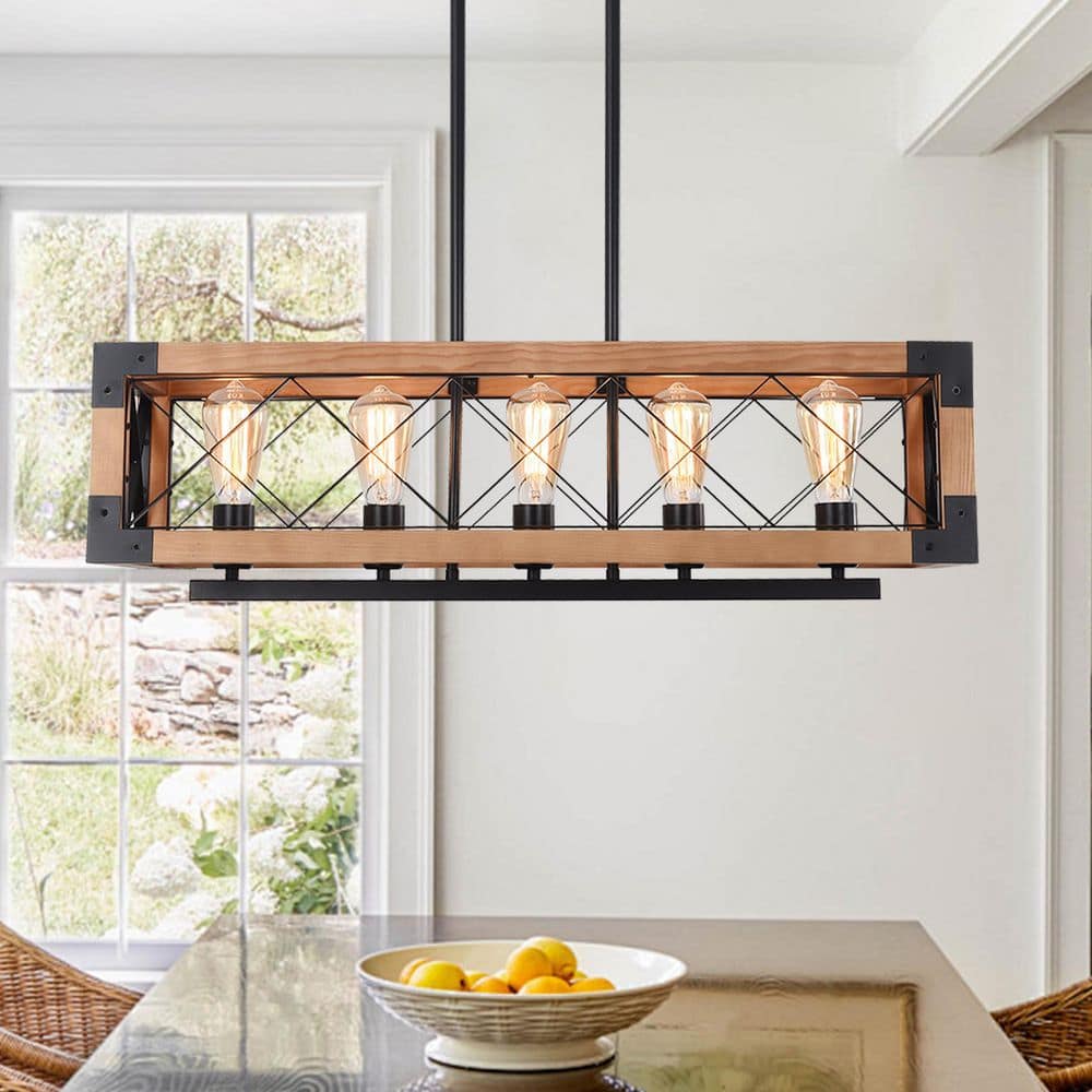 Y'INSP 5-Light Matte Black + Natural Wood Color Linear Rectangular ...