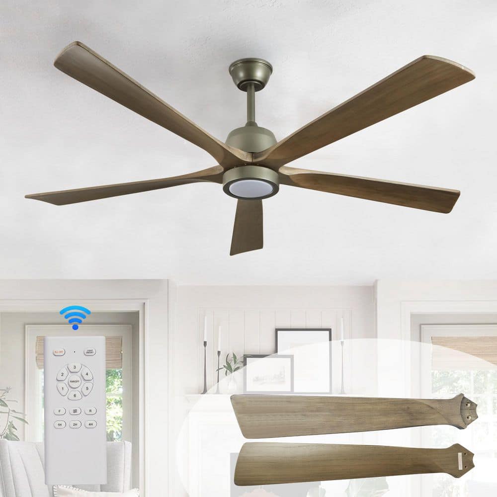 LINJO 60 In. Indoor Olive Green 5 Solid Wood Fan Blades Integrated LED ...