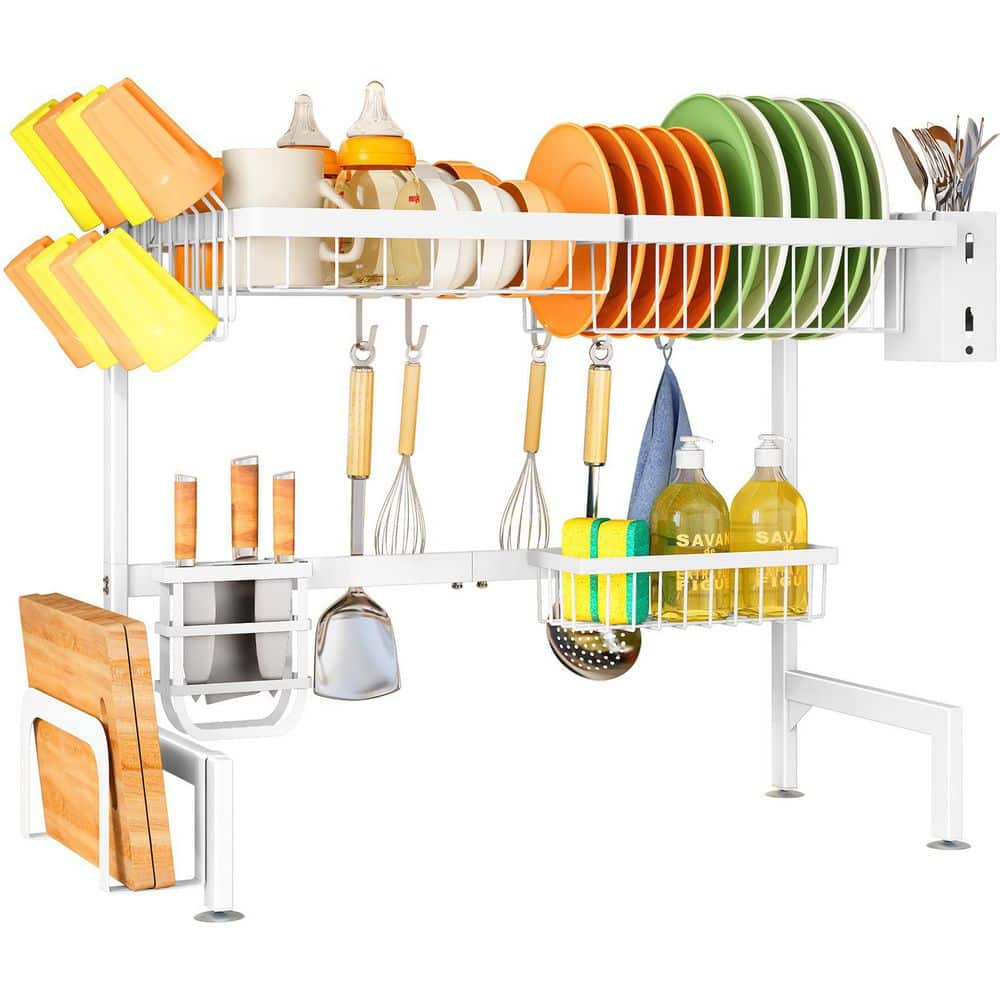 Wudkey Over The Sink Extendable Drainer Drying Dish Rack in White with ...
