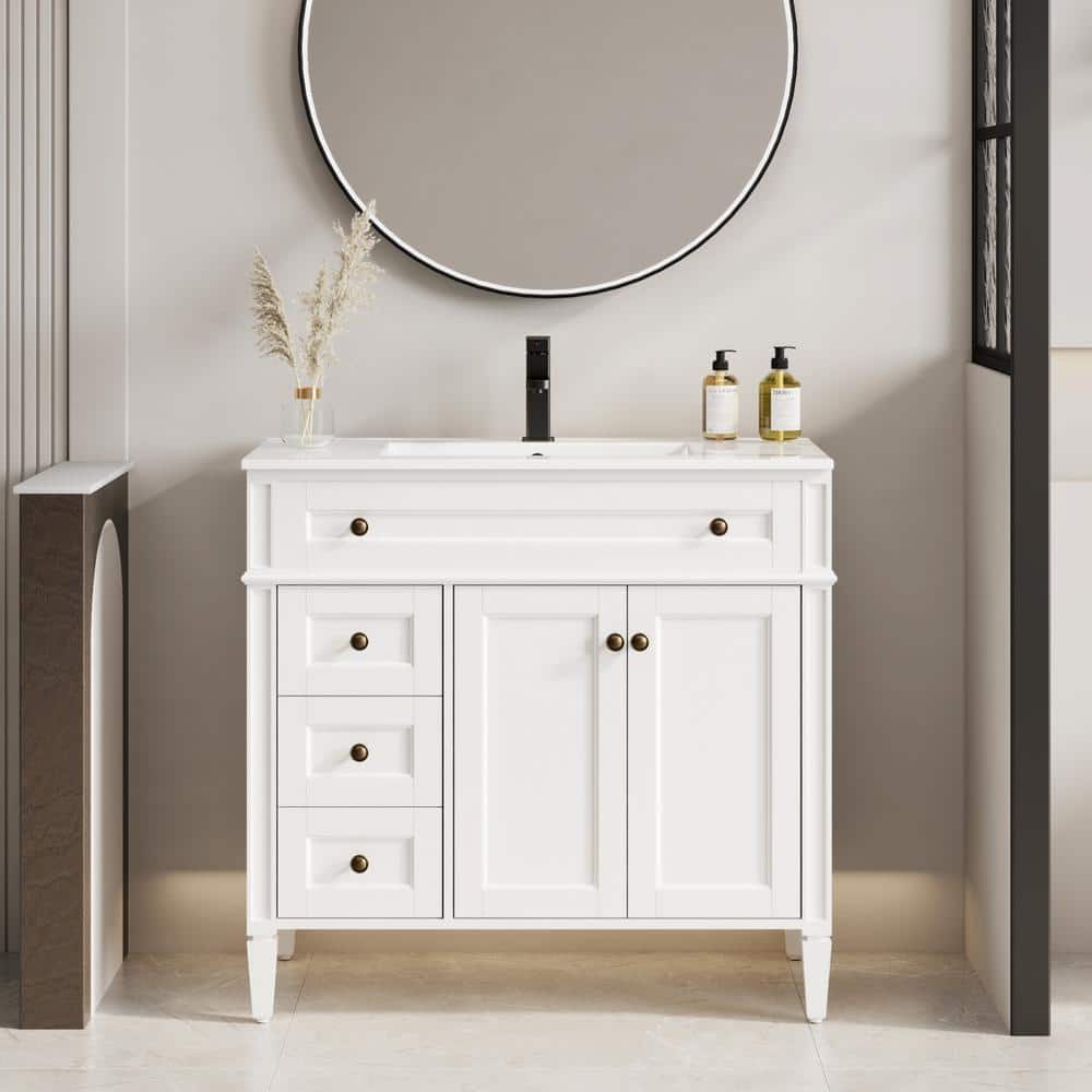 eclife 36 in. W x 18 in. D x 34 in. H 1-Sink Freestanding Bath Vanity in White with White ...