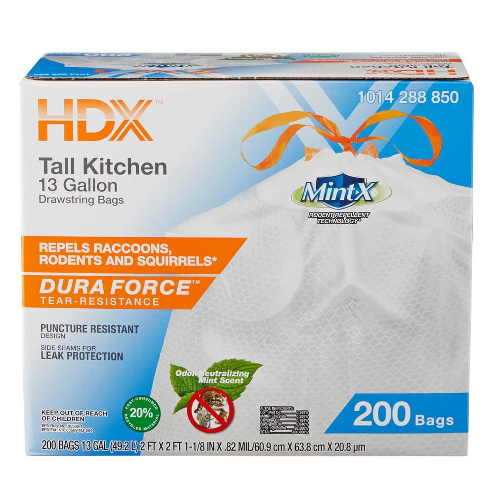 HDX 13 Gal. Tall Mint Scent FlexPro Kitchen Trash Bags with Rodent ...