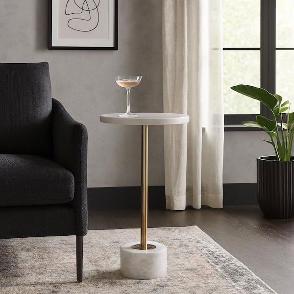 Liv & Skye 10 in. White Round Stone Top Quartz Iron Base End Table ...