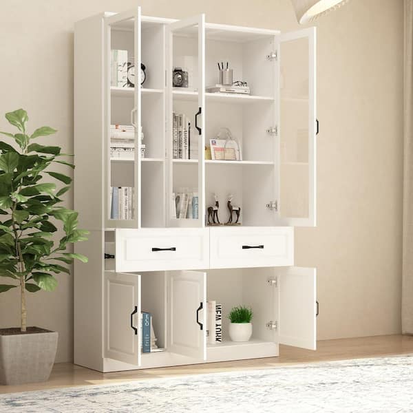 Famapy 8 Shelf White Wood Standard Bookcase with Shelves Drawers White
