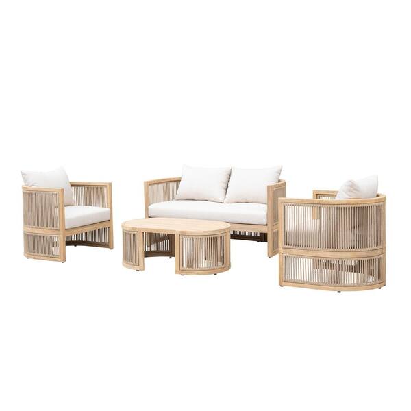 Kinger Home Haven 4-Piece Acacia Wood Patio Conversation Set With White ...