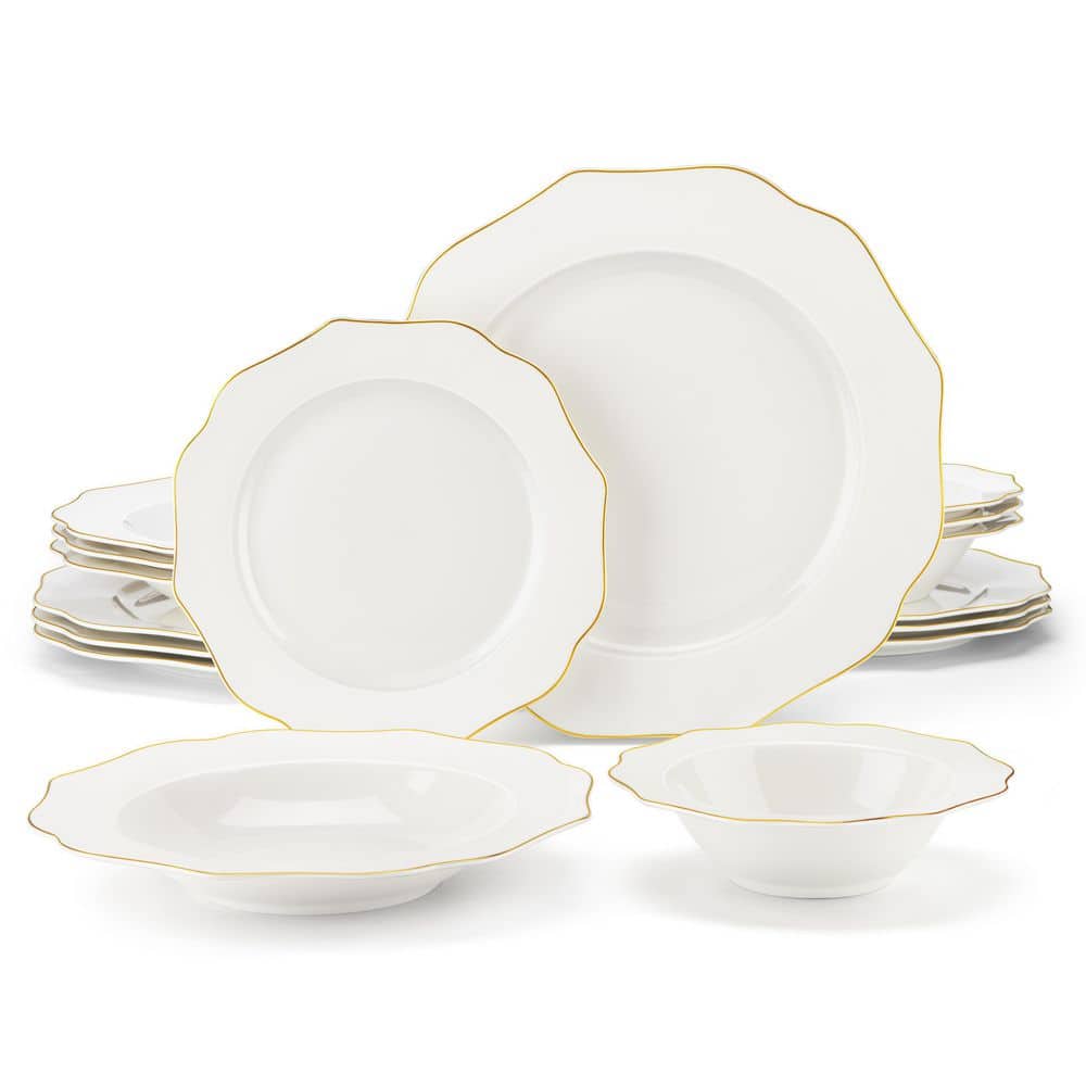 vancasso Lotus 16-Piece White with Gold Trim Bone China Dinnerware Set ...