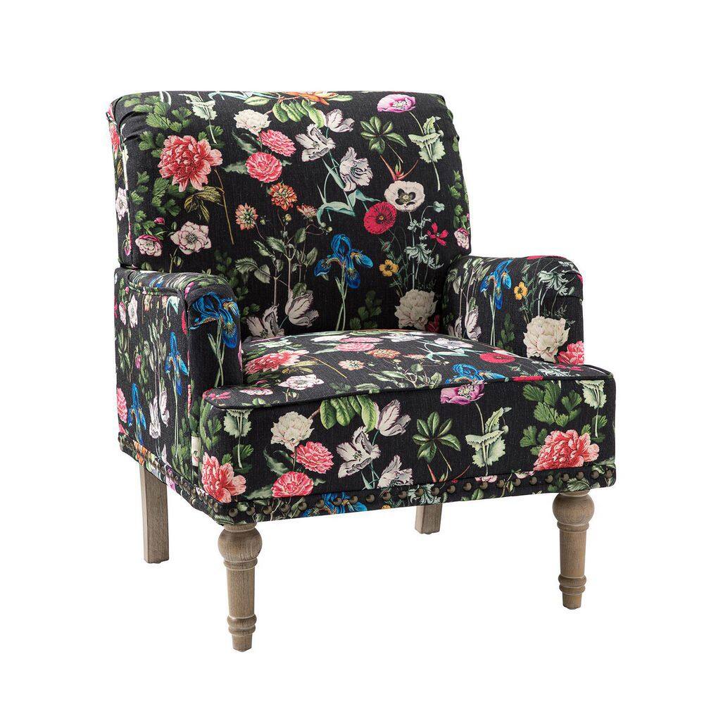 JAYDEN CREATION Venere Black Floral Patterns Armchair with Nailhead Trim and Turned Solid Wood ...