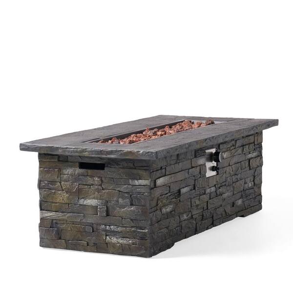 56 in. Stone Pattern Outdoor Rectangular Concrete Propane Fire Pit ...