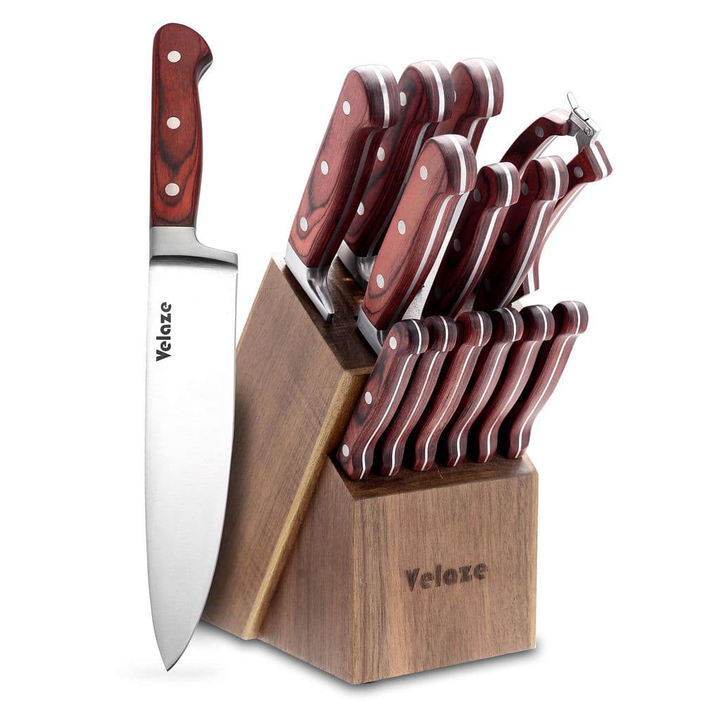 Velaze 14-Piece Stainless Steel Knife Set with Wooden Block Kitchen ...
