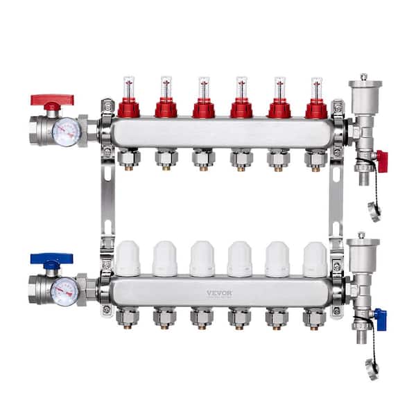 SKYSHALO 6-Branch Radiant Heat Manifold 1/2 in. PEX Tubing Floor ...