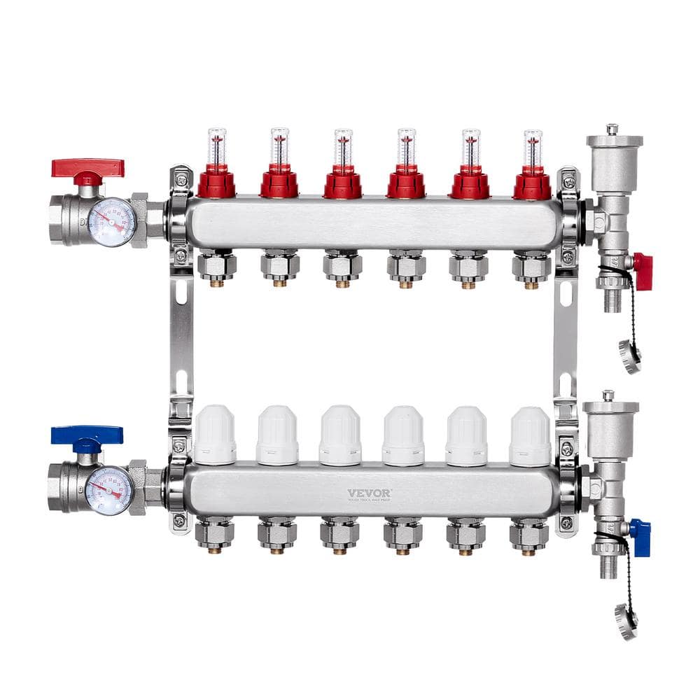 VEVOR 6-Branch Radiant Heat Manifold,1/2 in. PEX Tubing Manifold ...