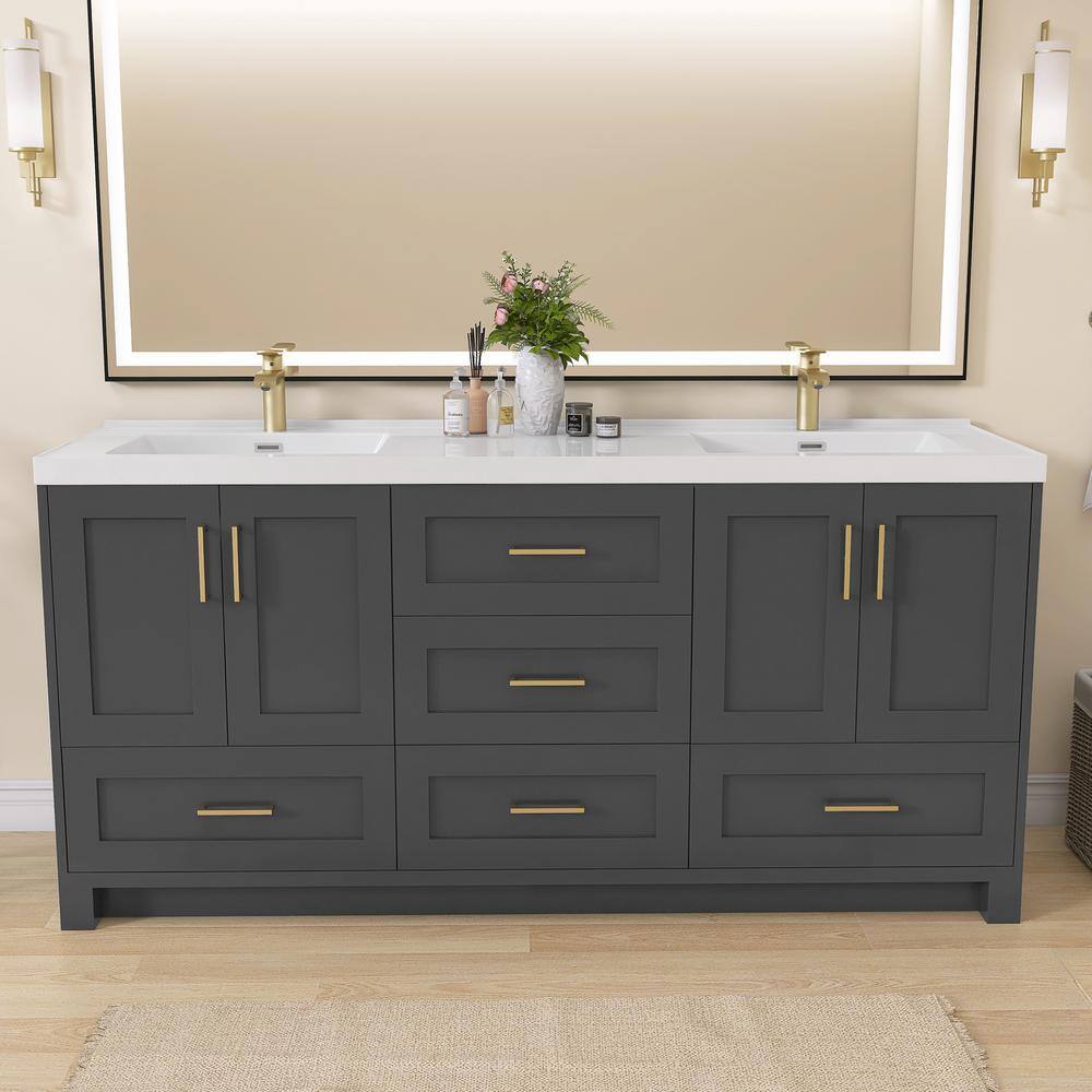 Getpro Eclipse 72 in. Freestanding dark Gray Bath Vanity with White Solid Surface Double Sinks ...