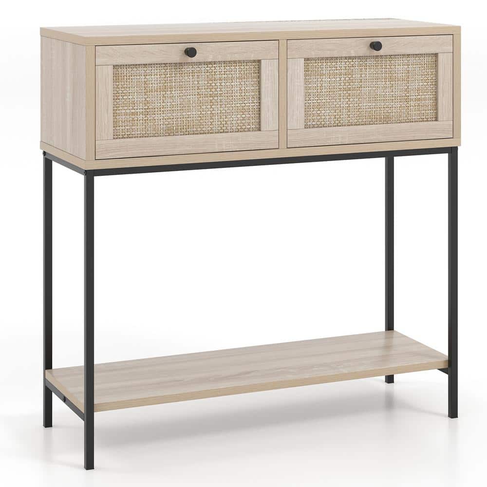 Costway 31.5 in. Oak Rectangle Wood Console Table with 2 Rattan Drawers ...