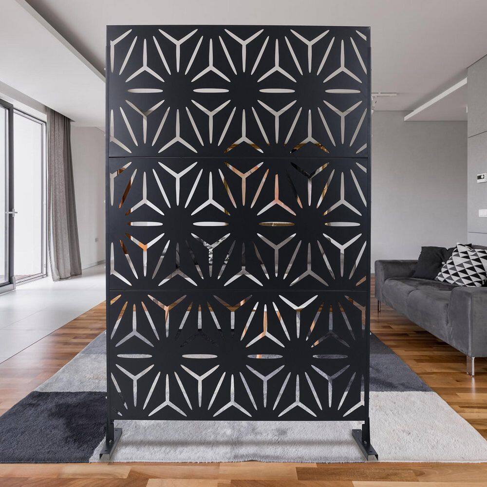 Coporesell 76 in. x 48 in. Freestanding Decorative Privacy Screen Black Metal for Outside Lawn ...
