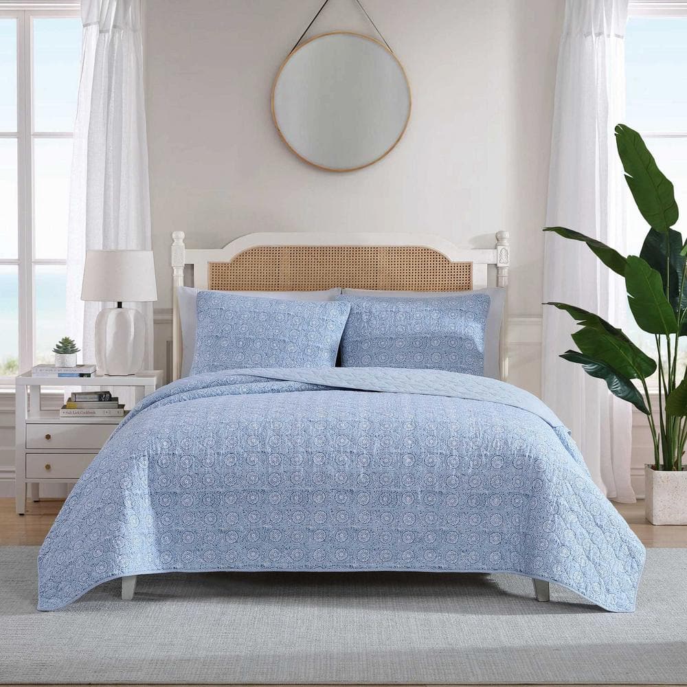 Nautica Floral Park 3-Piece Blue Cotton Full/Queen Quilt Set ...