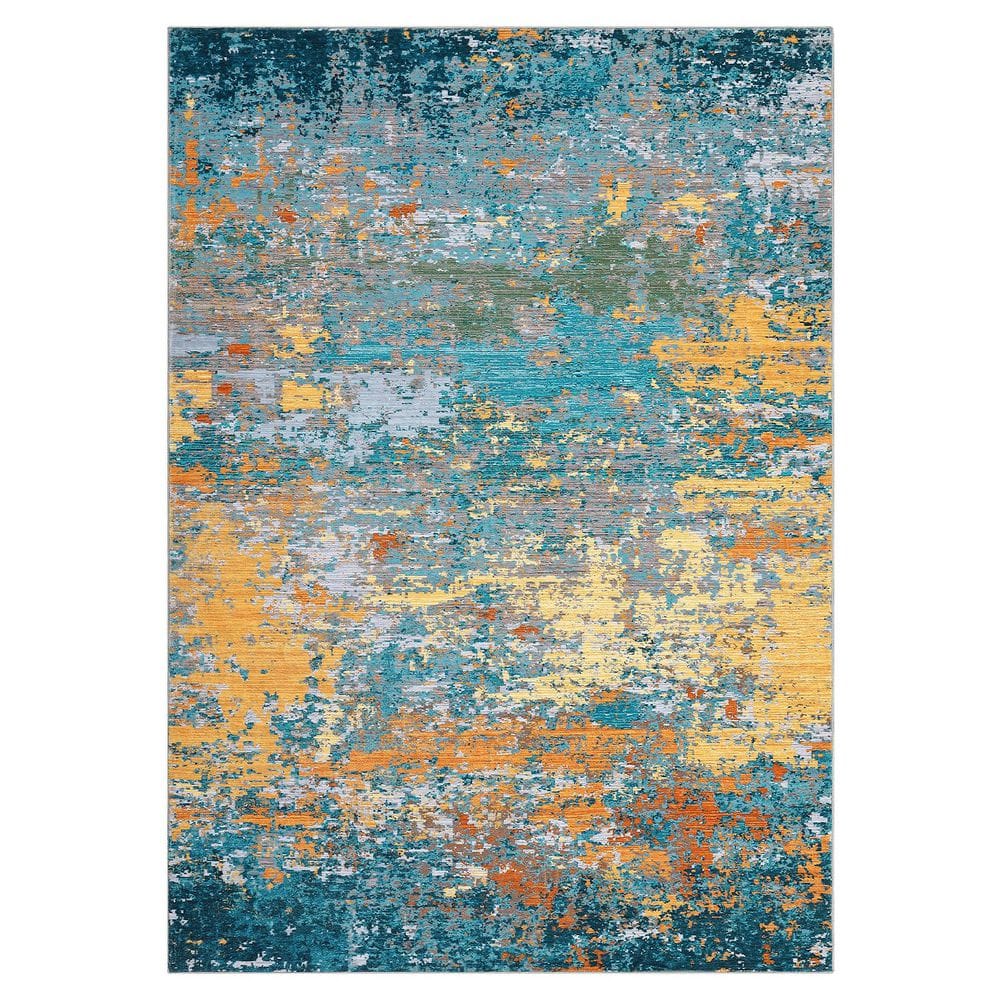 5 ft. x 7 ft. Golden Blue Modern Abstract Pattern Washable Non-Slip Low ...
