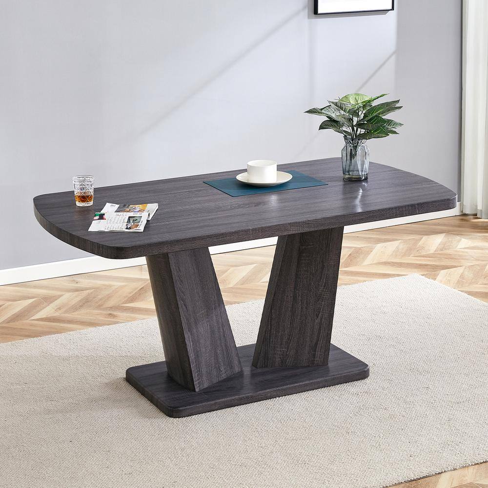 Harper & Bright Designs Gray Wood V-Shaped Pedestal Dining Table Seats ...
