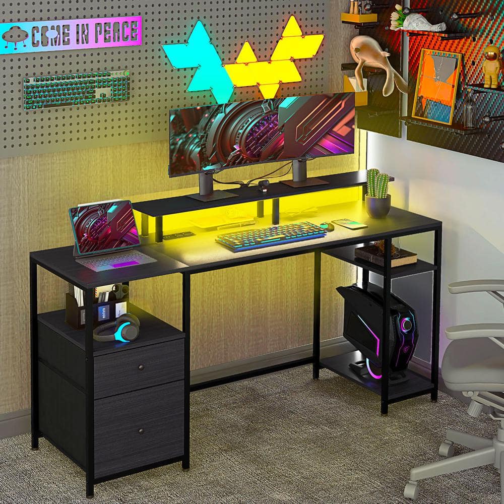 HOMCOM 61 in. Black Computer Desk with LED Lights, Power Outlets, and ...