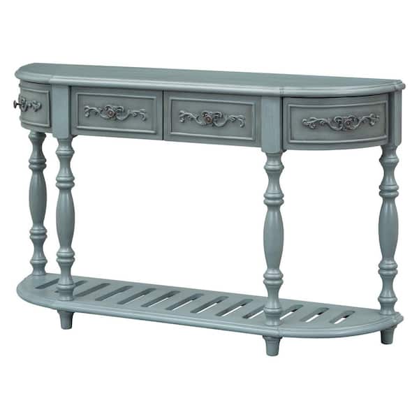 Tatahance 52 in. L Antique Blue Half-Moon Wood Curved Console Table ...