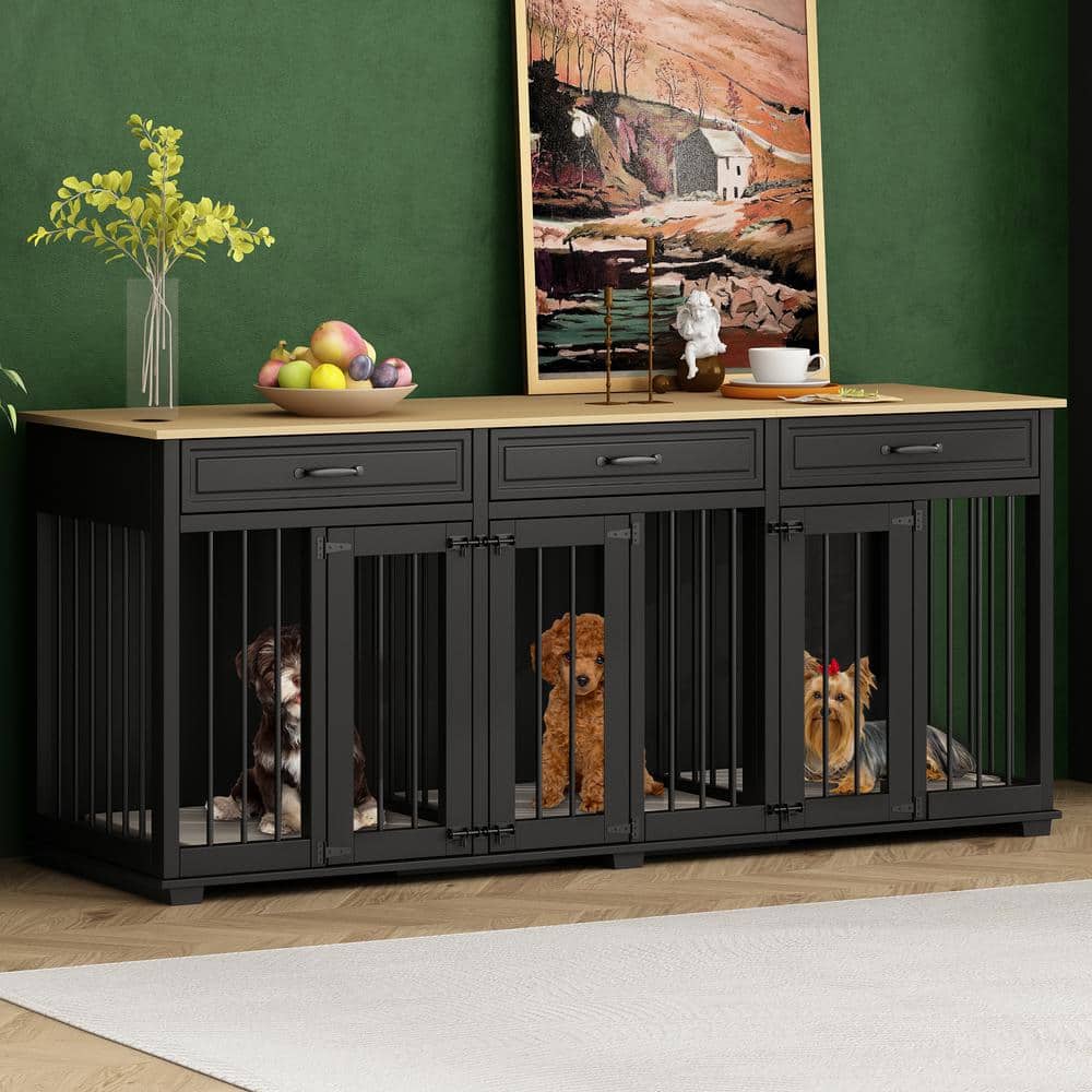 FUFU&GAGA Large Wooden Dog Kennel with 3-Drawers, XL Dog Crate Furniture for 3-Dogs, Black ...