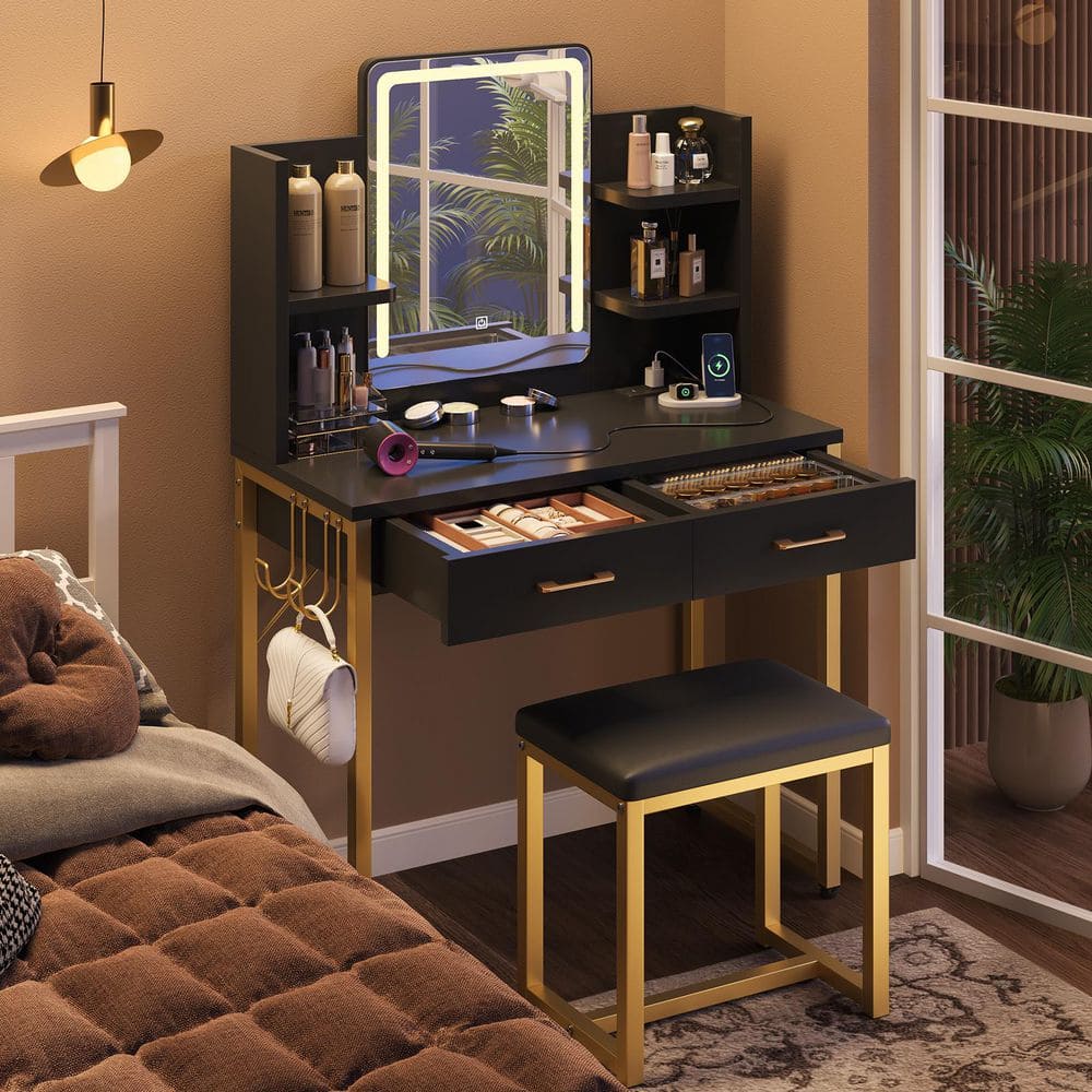 Bestier 2-Drawers Black LED Light Makeup Vanity Sets with Touch Screen ...