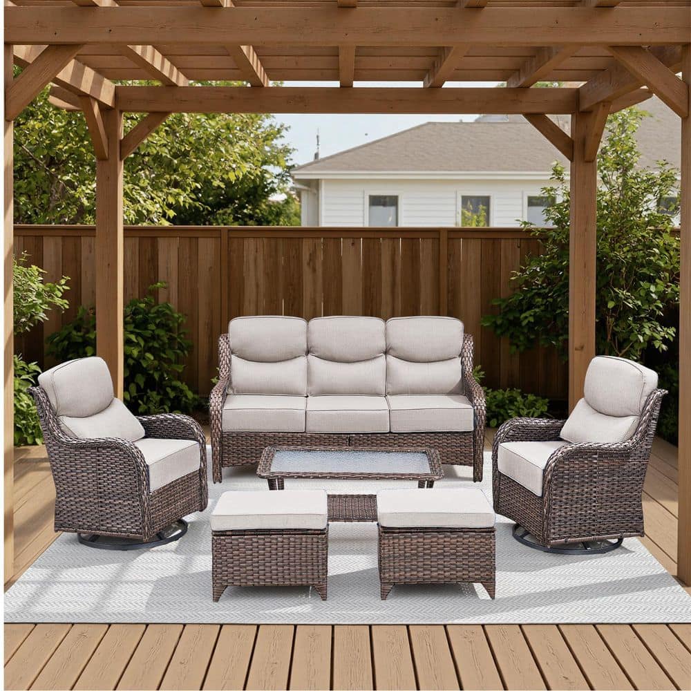 Opohoro Arcadia Brown 6-Piece Wicker Patio Conversation Set with Swivel ...