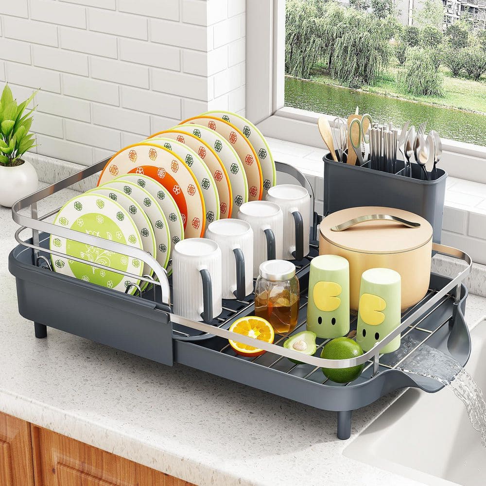 Wudkey Gray Dish Drying Rack, Expandable Dish Rack for Kitchen Counter ...