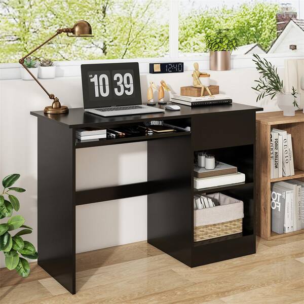 HONEY JOY 42.5 in. Black Wood Computer Desk with Keyboard Tray Large ...