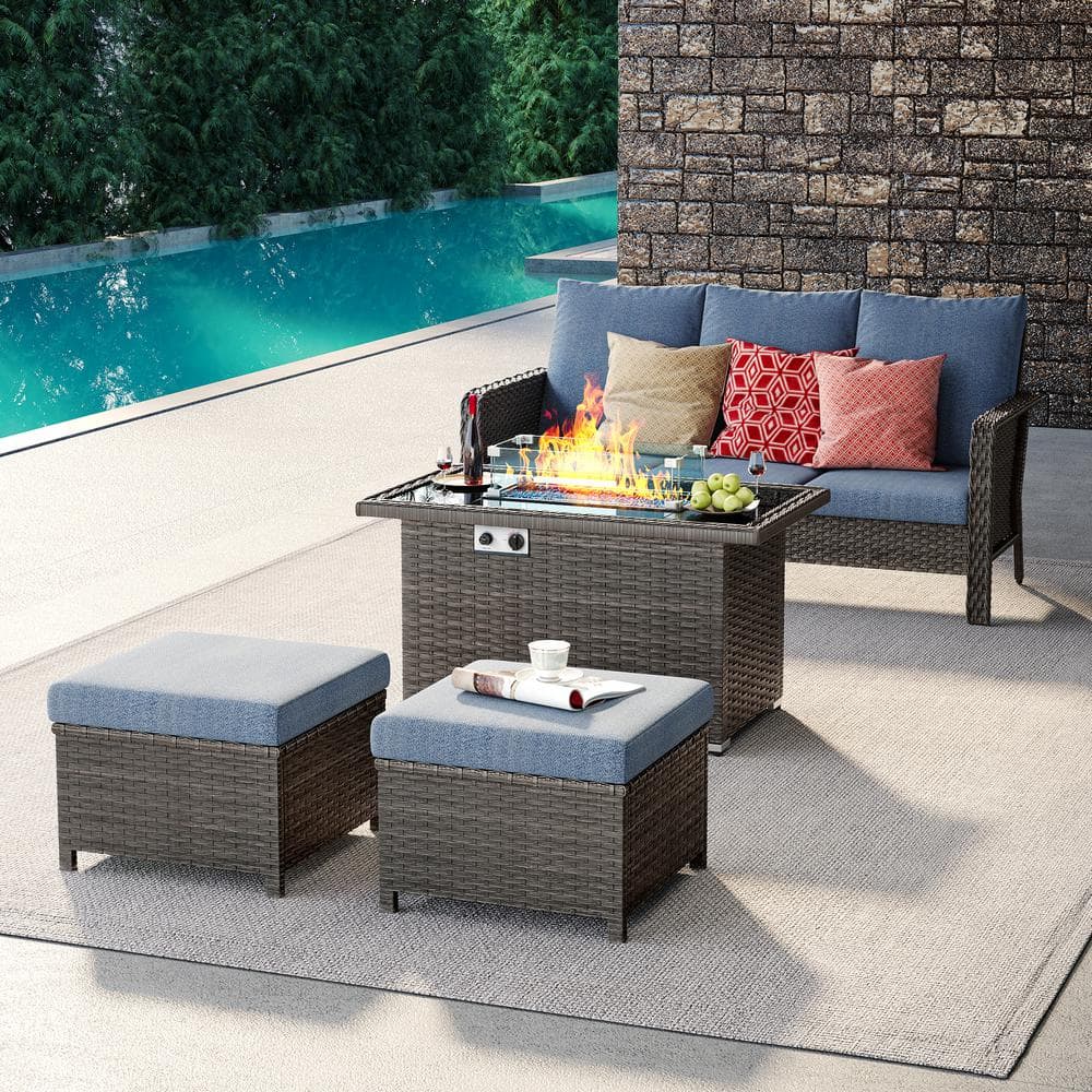 Brafab 4-Piece Wicker Patio Rectangle Fire Pit Conversation Set with ...