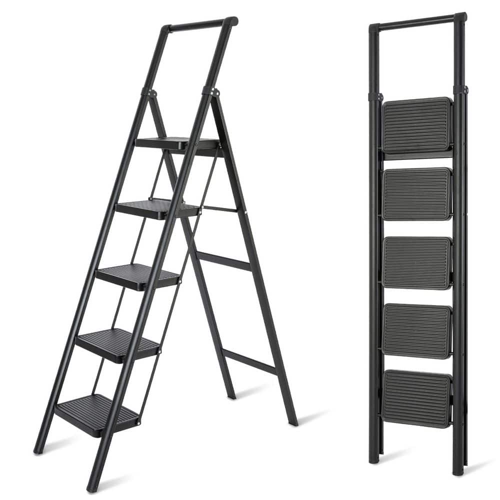 Tatayosi 5-Step Steel Folding Step Stool Ladder 330 lbs. Load Capacity ...