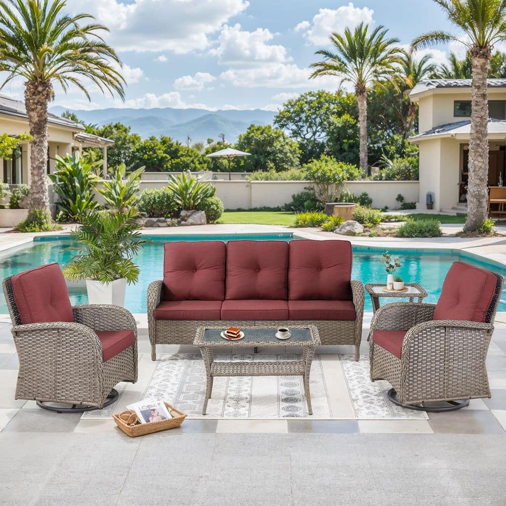 moosprr Flatarmrest 5-Piece Gray Wicker Patio Conversation Set with ...