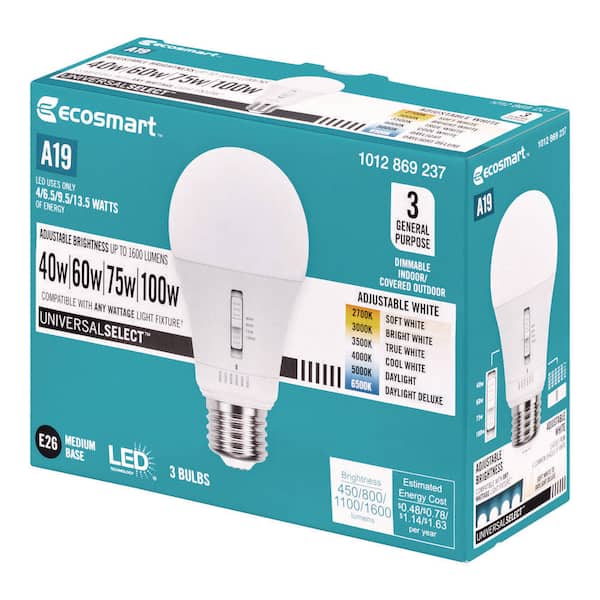 EcoSmart Universal Select 40/60/75/100-Watt Equivalent A19 Dimmable LED ...