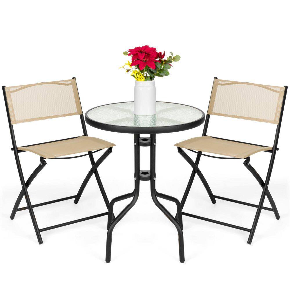 Beige 3-Piece Metal Outdoor Bistro Set with Glass Table and 2 Foldable ...
