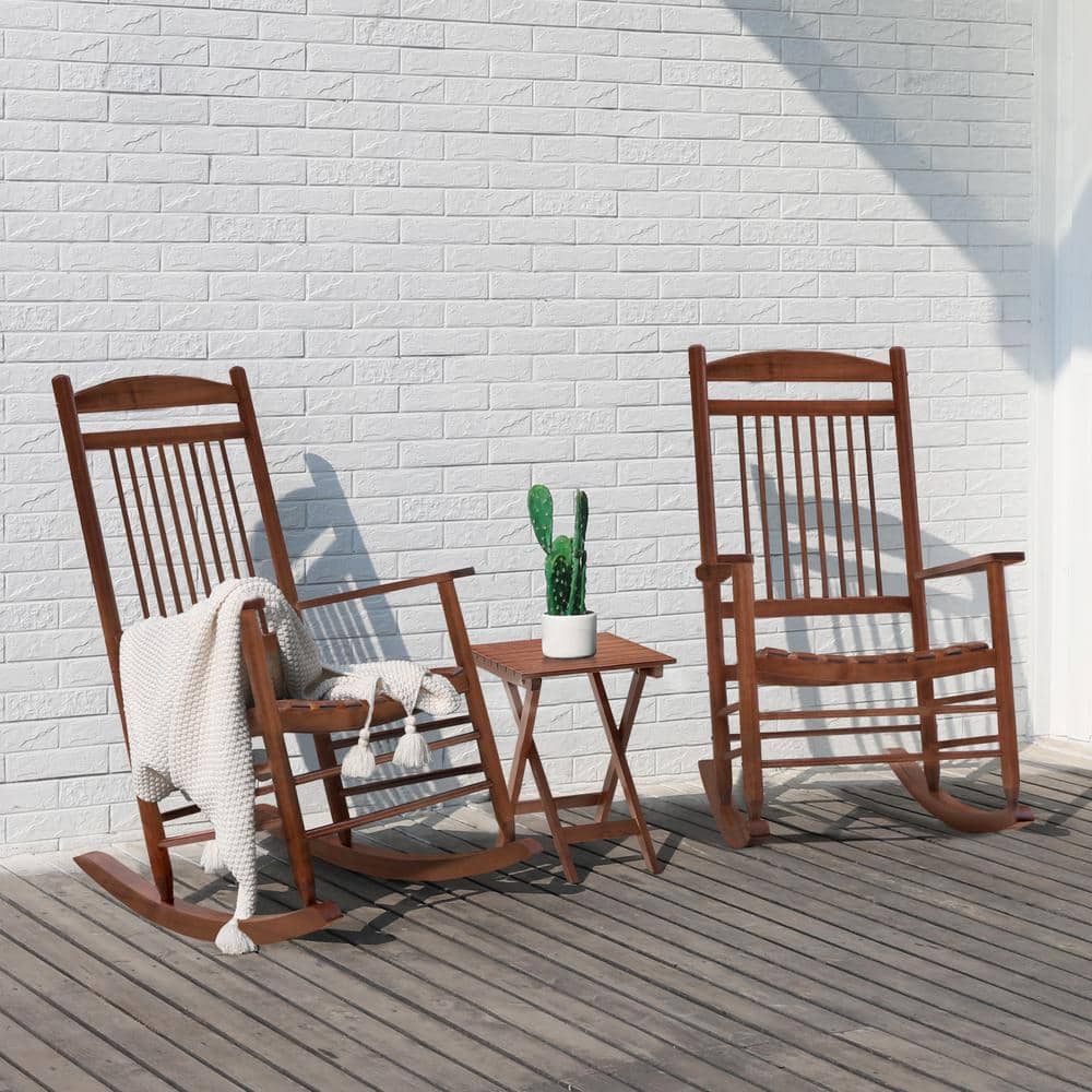 VEIKOUS Wood Color Wooden Patio Outdoor Rocking Chair Set (3-Pieces ...