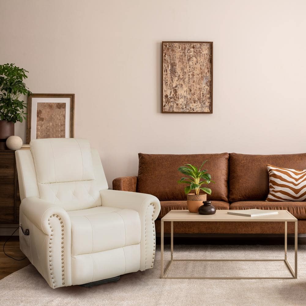 HOMESTOCK Oversized Cream Air Leather Power Lift Recliner with Footrest ...