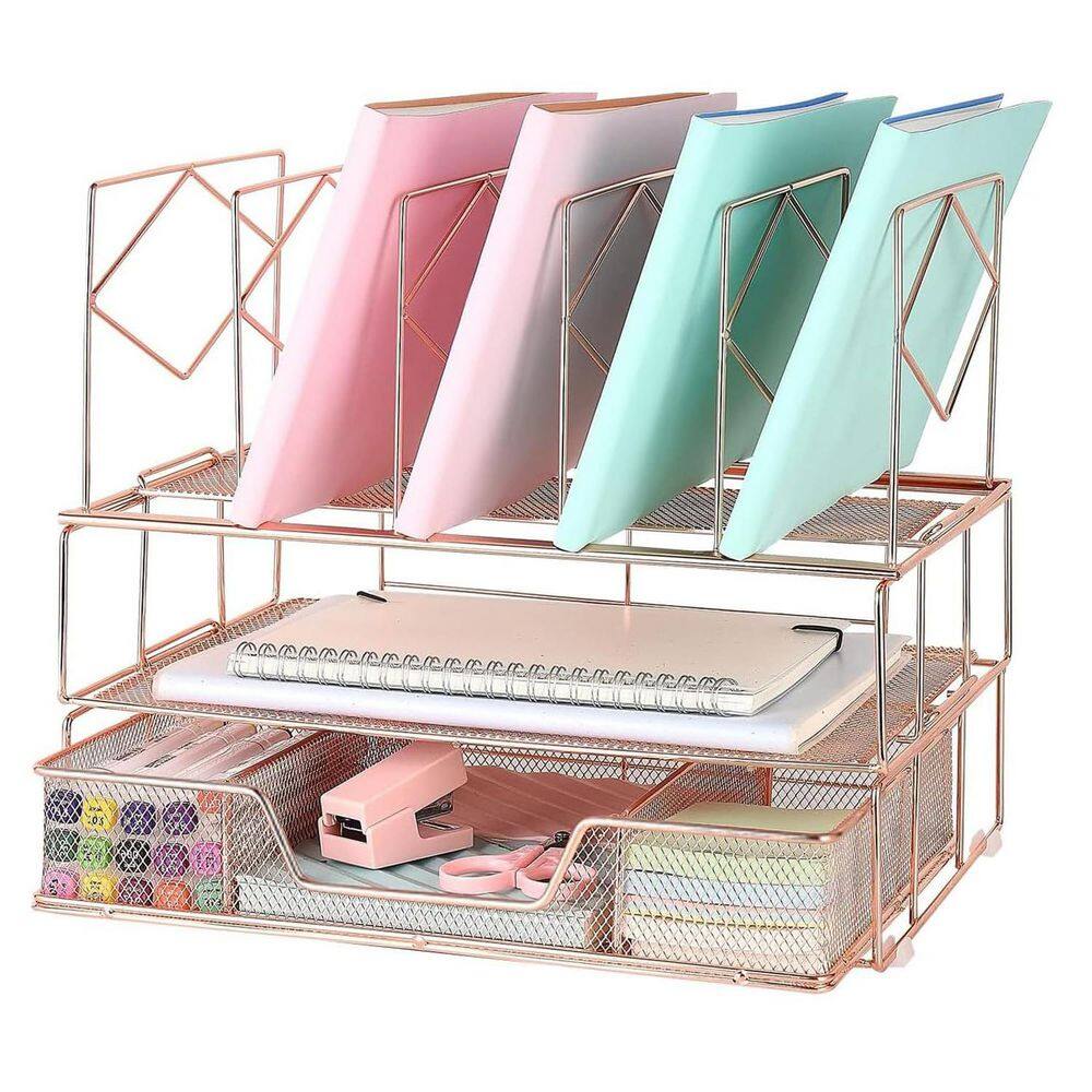 Gold 12.8 in. x 12 in. Metal Modern Desk Organizers with Sliding Drawer ...