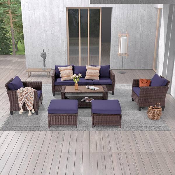 JOYESERY 6-Piece Brown Wicker Outdoor Conversation Seating Sofa Set ...