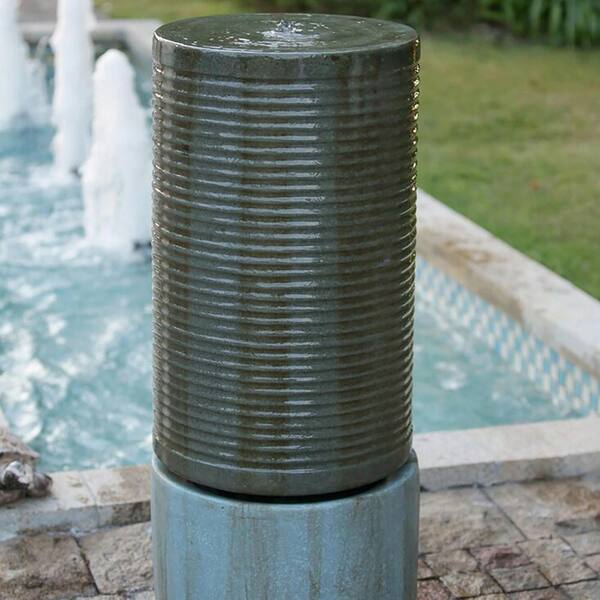 Coporesell 44 in. Large Round Green Ribbed Tower Waterfall Fountain ...