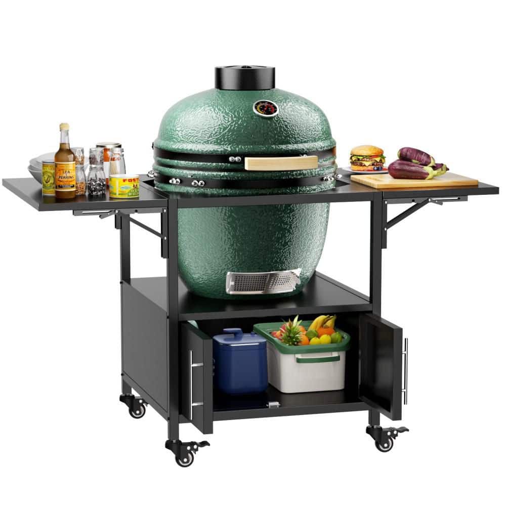 Outdoor Grill Table for Big Green Egg BBQ Metal Grill Cart with Folding ...