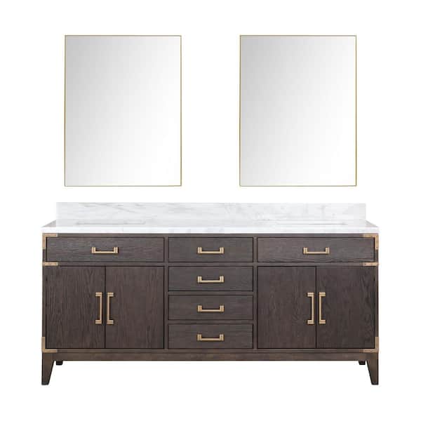 Lexora Fossa 72 in W x 22 in D Brown Oak Double Bath Vanity, Carrara ...
