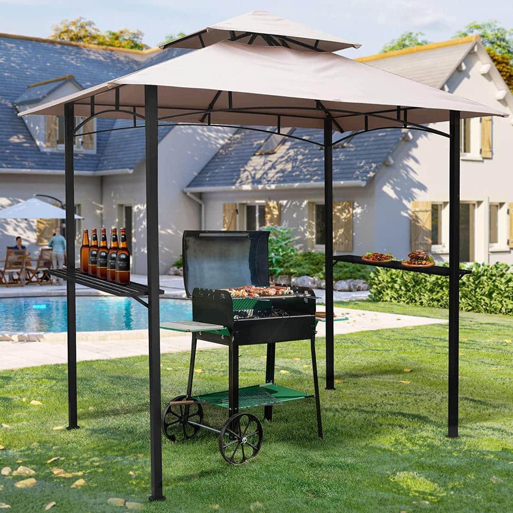 8 ft. x 5 ft. Beige Outdoor Grill Gazebo 2-Tier Vented BBQ Canopy ...