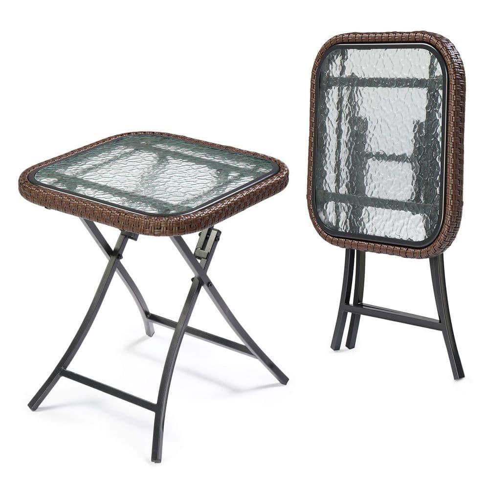 Karl home Square Folding Rattan Glass Top Iron Frame Outdoor Side Table ...