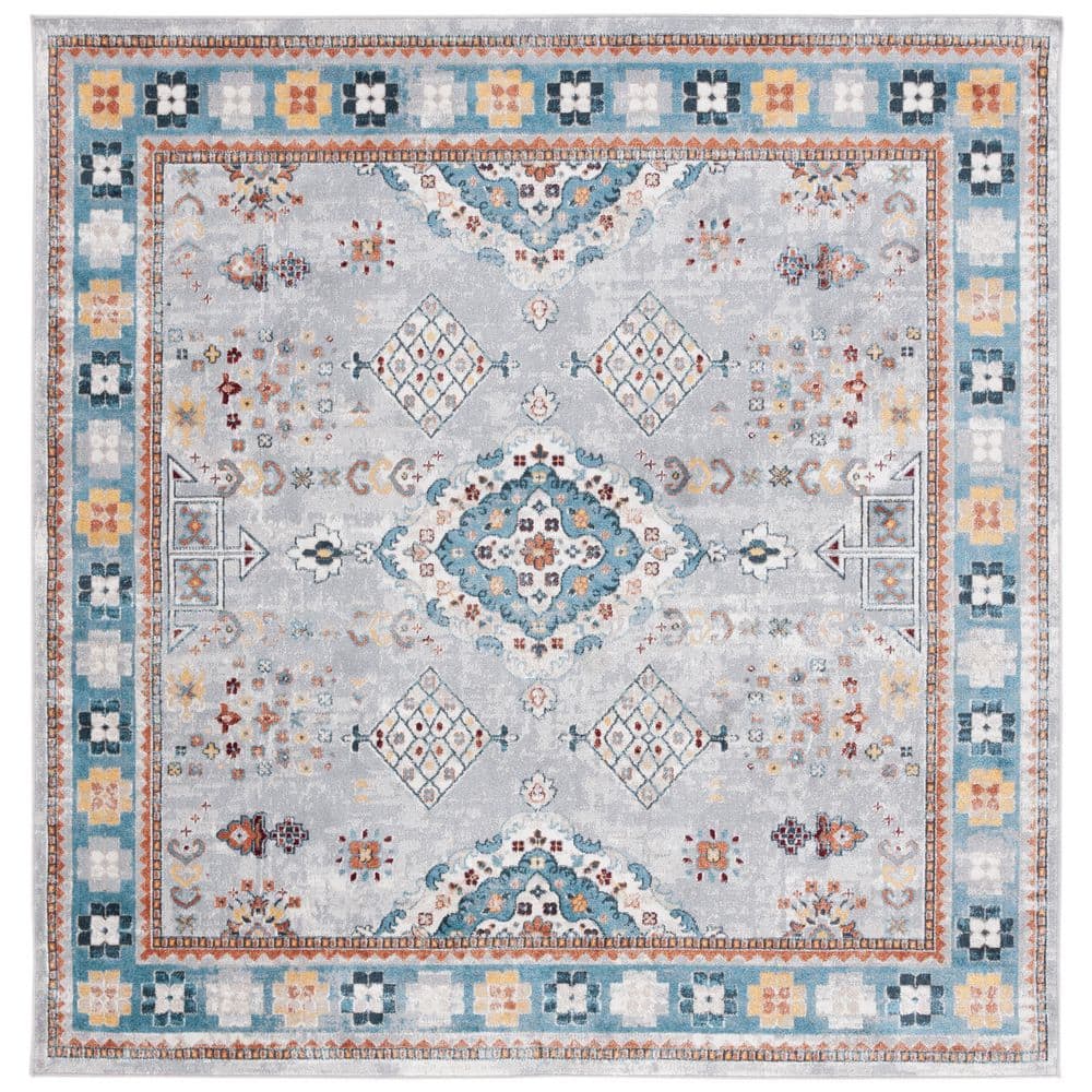 SAFAVIEH Bayside Light Gray/Blue 7 ft. x 7 ft. Machine Washable Geometric Border Square Area Rug ...