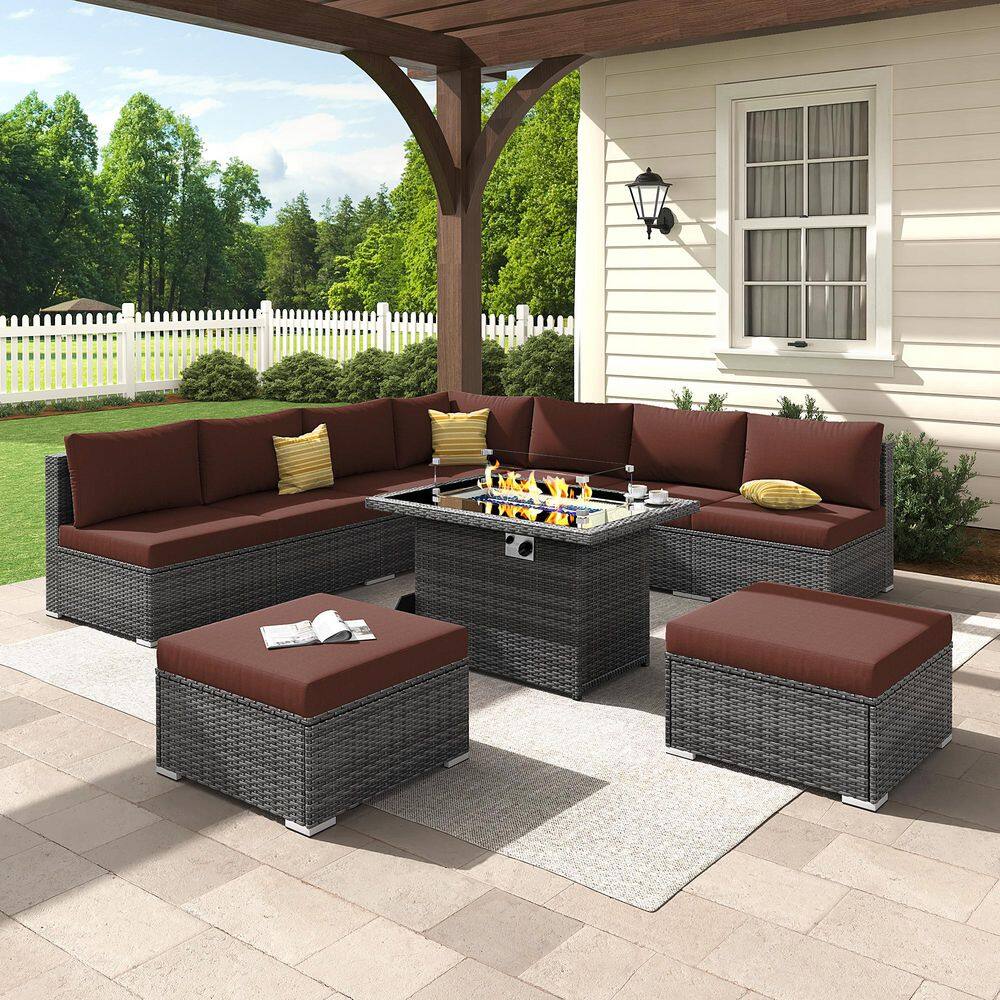 FINCATI High-End 10 Pieces Charcoal Wicker Patio Fire Pit Deep ...