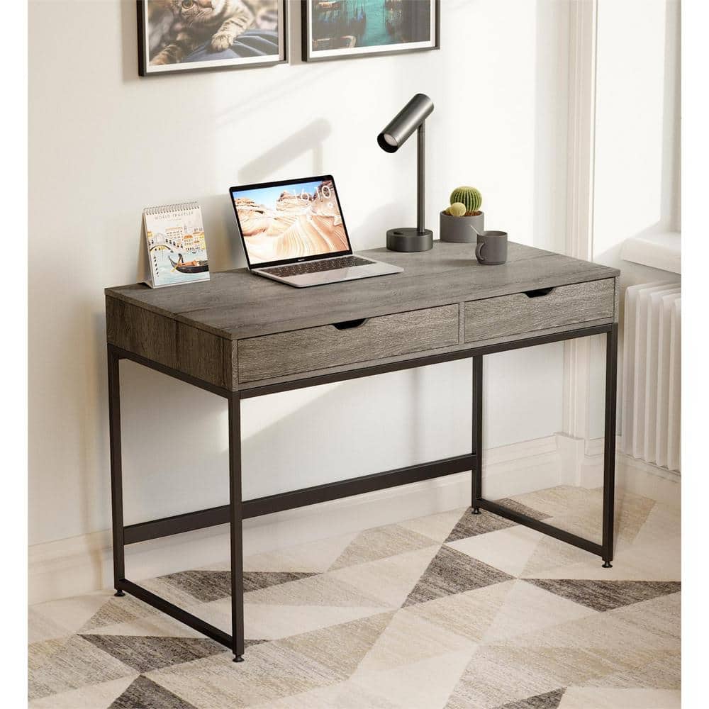 Bestier 43.31 in. Retro Grey Oak-Dark Computer Desk with 2-Drawers ...