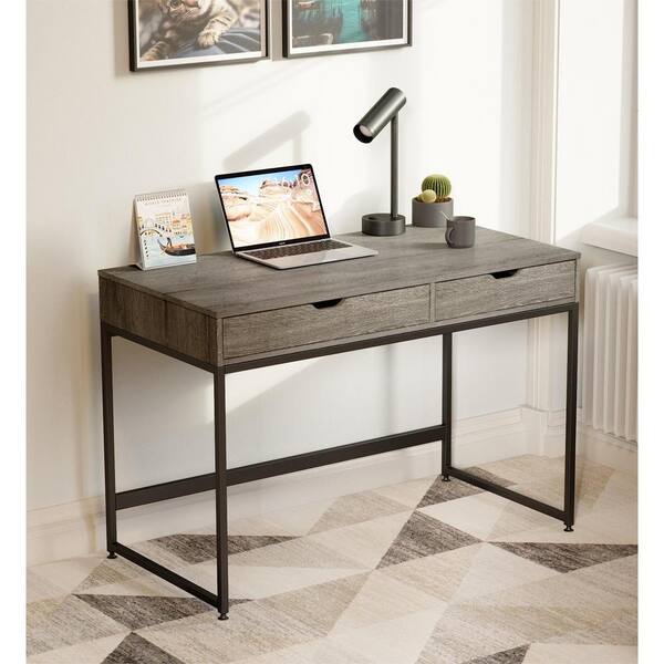 Bestier 43.31 in. Retro Grey Oak-Dark Computer Desk with 2-Drawers ...