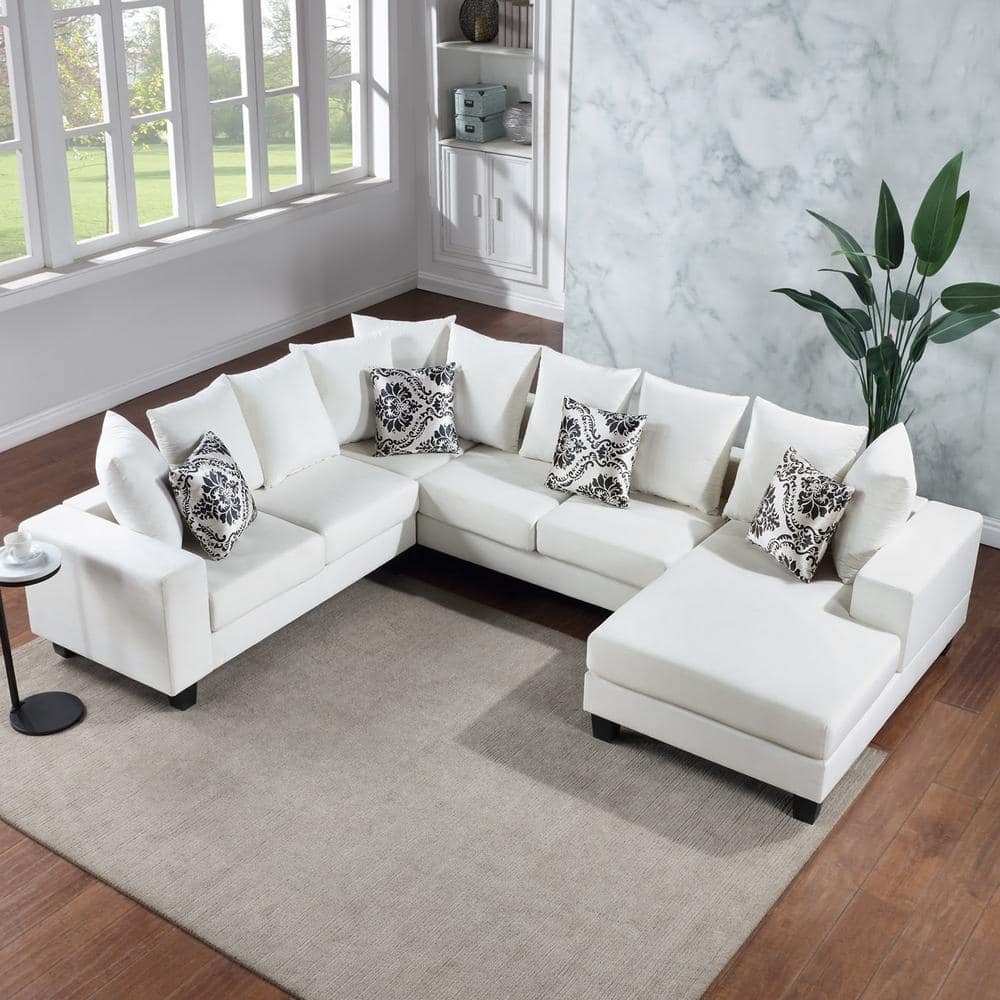 LUCKY ONE 110 in. x 85 in. Square Arm 7-Piece Velvet U-Shaped Sectional Sofa in White LU-GN ...