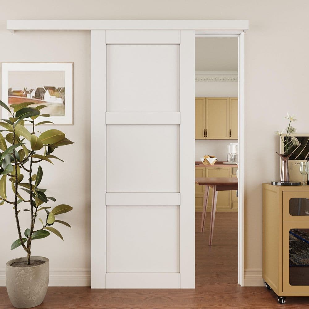 ARK DESIGN 32 in. x 80 in. Hidden Track Style 3-Panel White Primed MDF ...