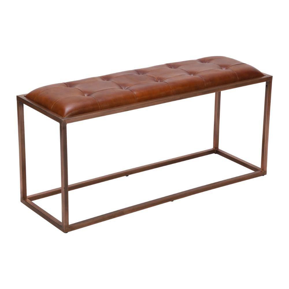 THE URBAN PORT Brown and Bronze Metal Frame Accent Bench with Genuine ...